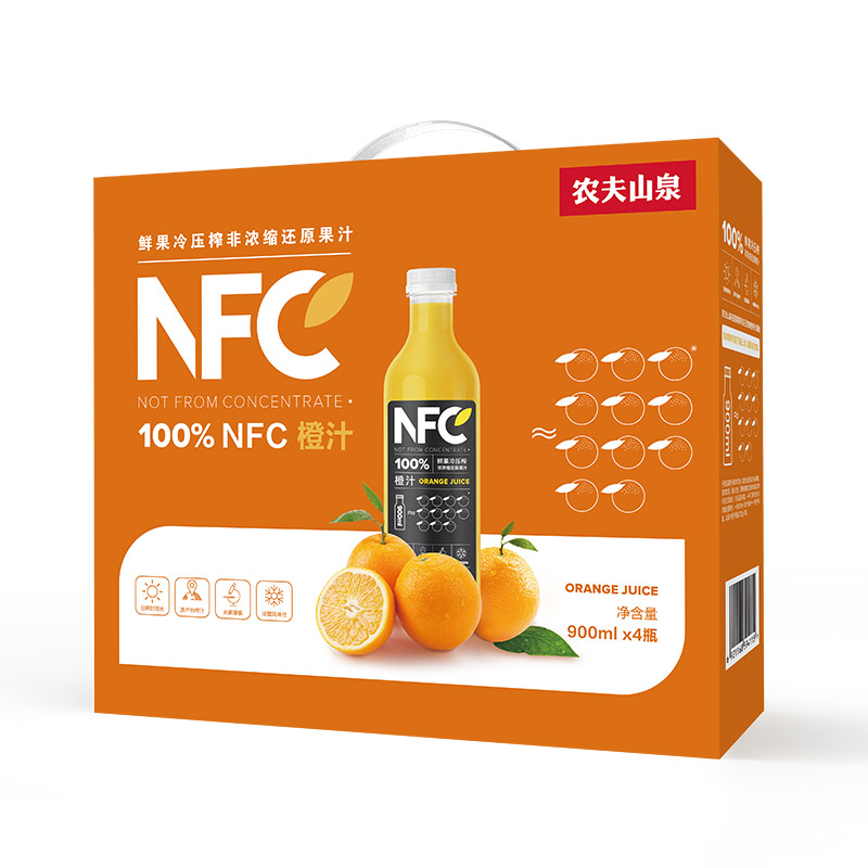 农夫山泉 NFC果汁饮料 100%NFC橙汁900ml*4瓶 礼盒_农夫山泉